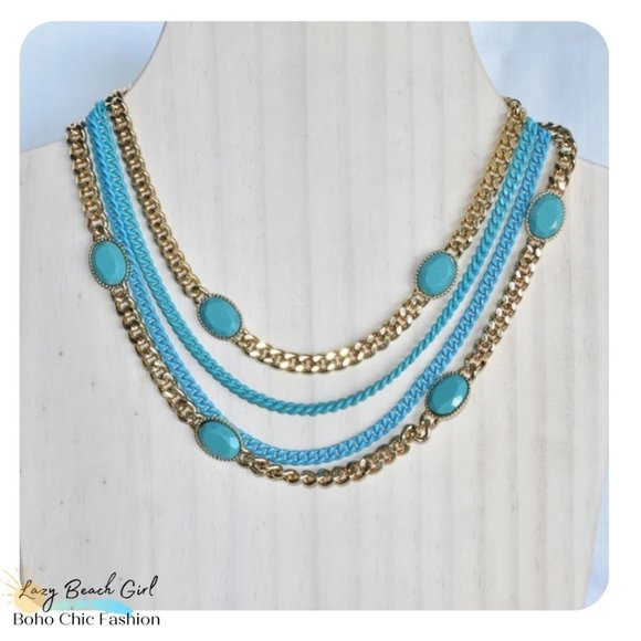 Jewelry | Lovely Gold And Blue Beaded Necklace Set | Poshmark